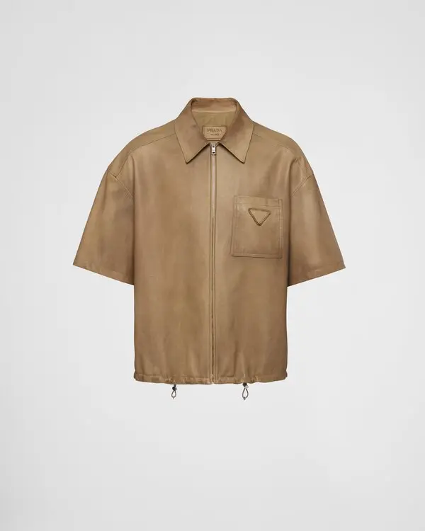 Prada Short-Sleeve Nappa Leather Shirt - Colonial Beige | Editorialist